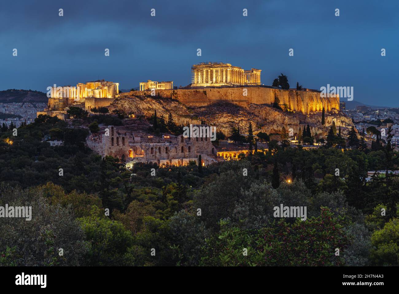 Acropolis of Athens at night from Filopappou Hill, Athens, Greece Stock ...