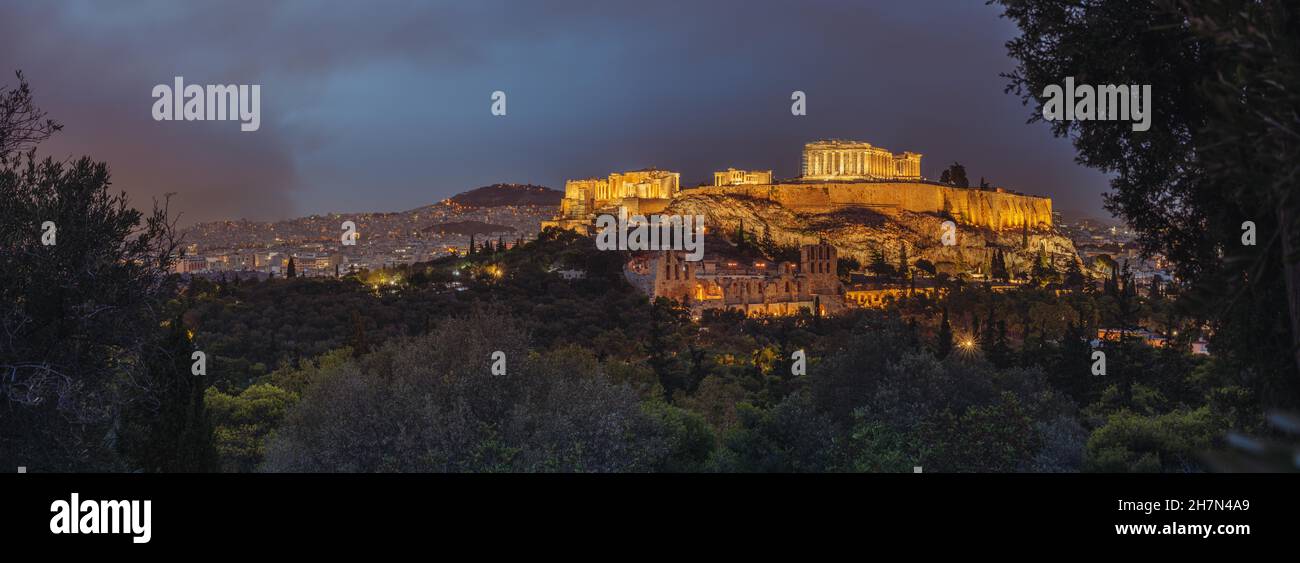 Acropolis of Athens at night from Filopappou Hill, Athens, Greece Stock ...