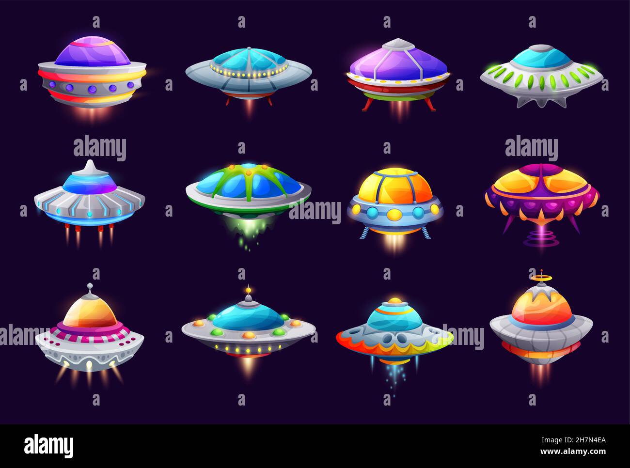 Cartoon alien spaceships and galaxy space crafts, futuristic ufo and ...