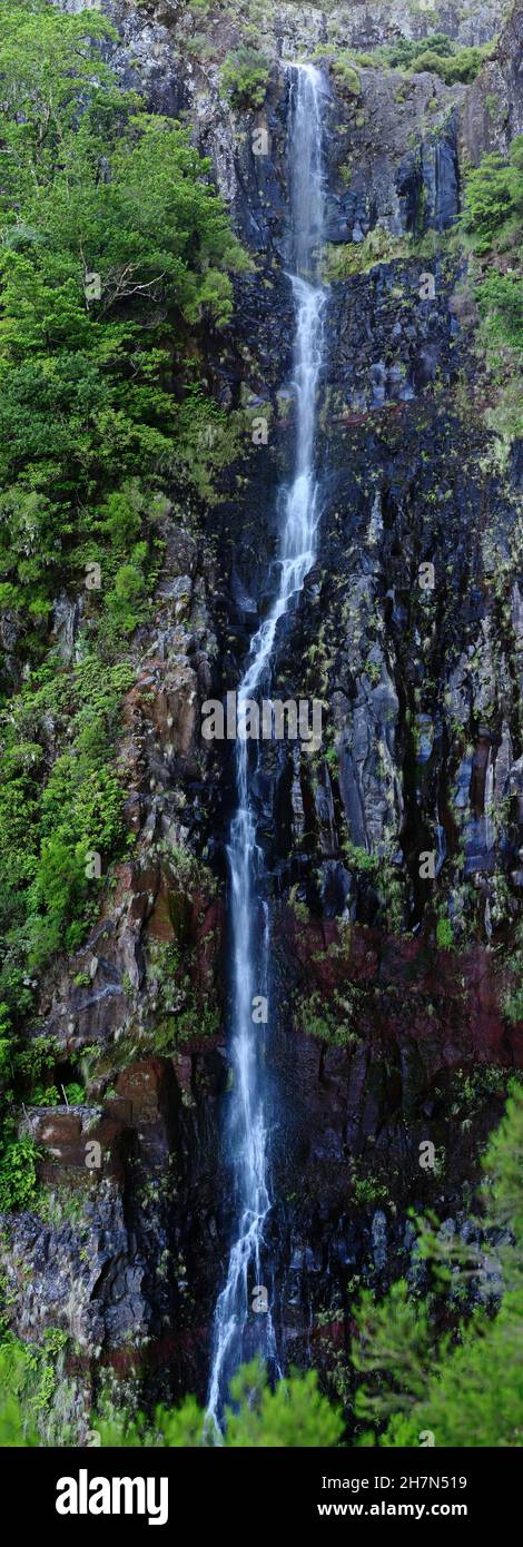 Long waterfall above the 25 fontes levada waterway on Madeira, Portugal ...