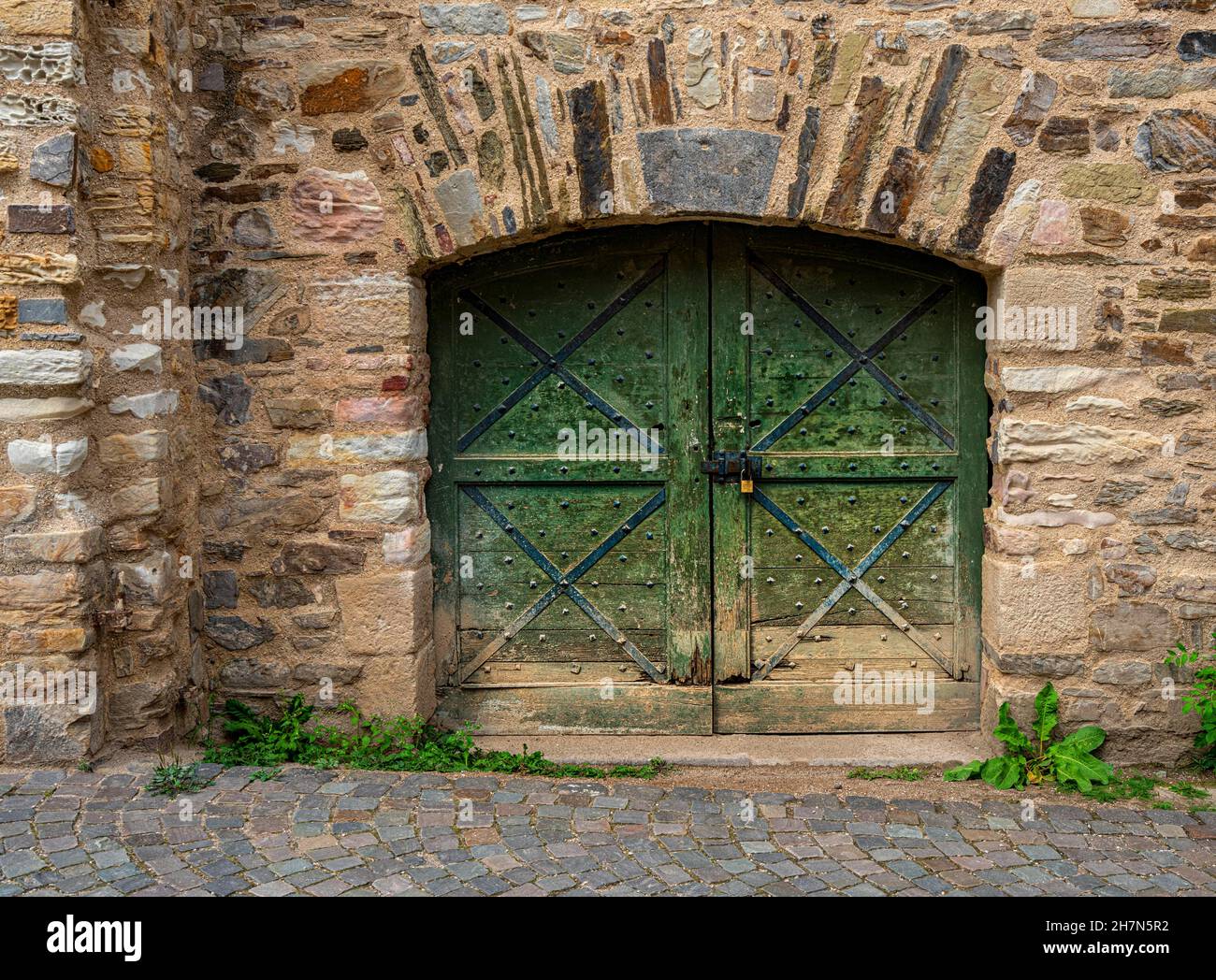 Massive wooden gate on the cellar vault of a castle, Koblenz, Rhineland ...
