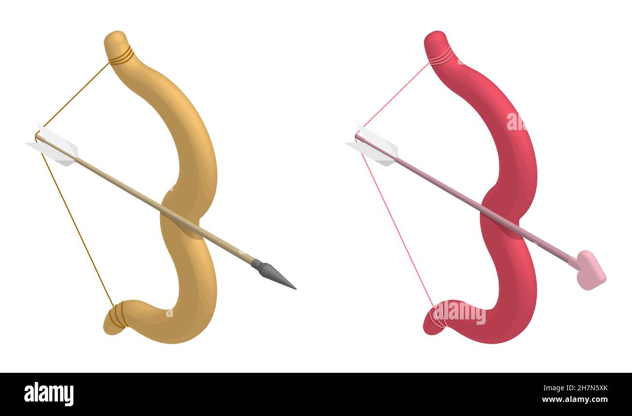 Isometric Cupid bow with stretched title and an arrow with heart shaped ...