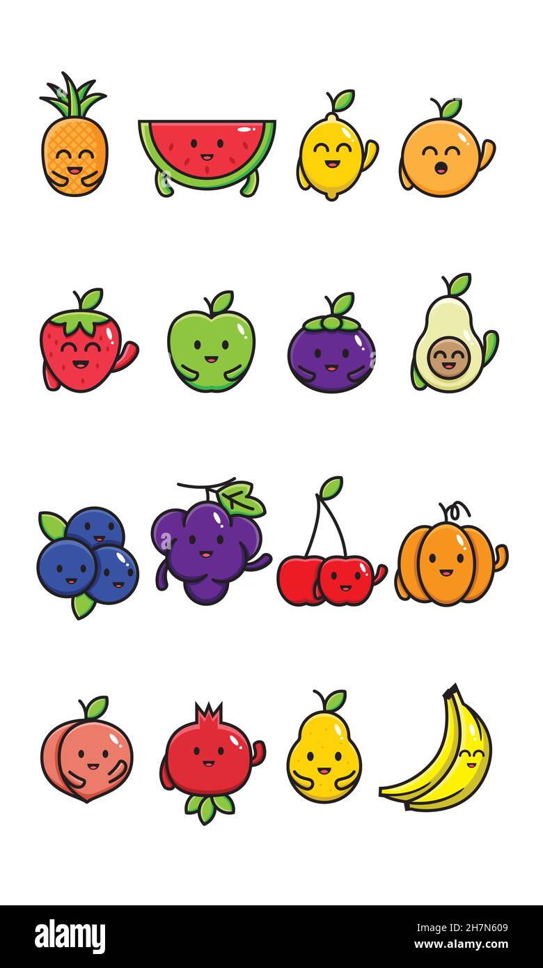 vector illustrations set of fruits character with cute face emoticon ...