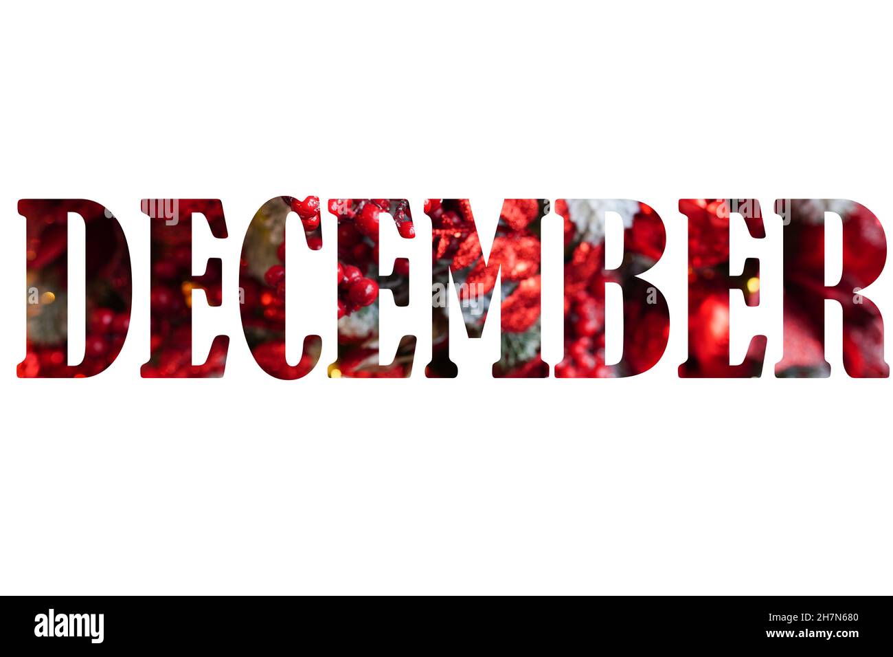 Word December from red backround with chritmas tree and decorations ...