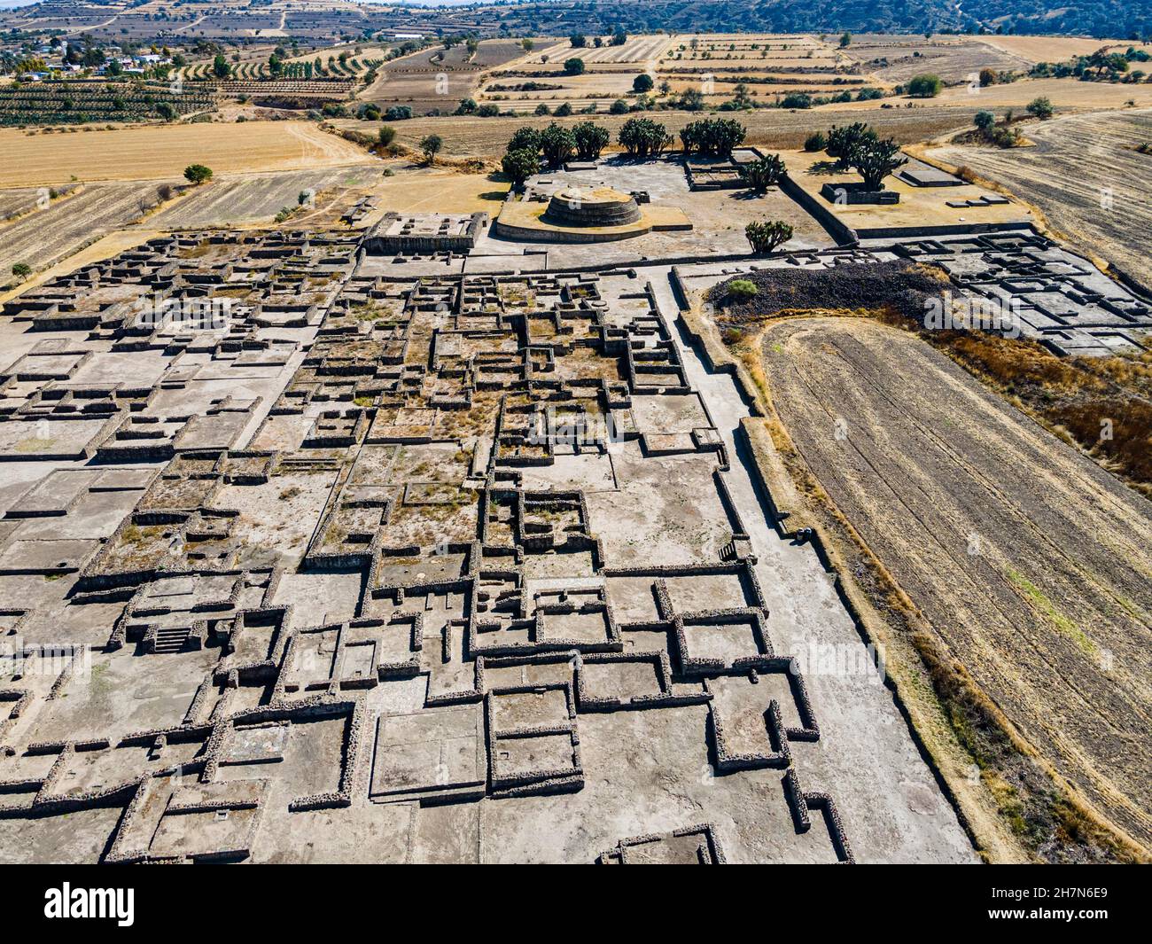 Aerial of the Mesoamerican archaeological site Tecoaque, Tlaxcala ...