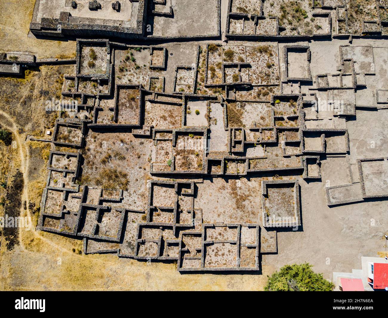 Aerial of the Mesoamerican archaeological site Tecoaque, Tlaxcala ...