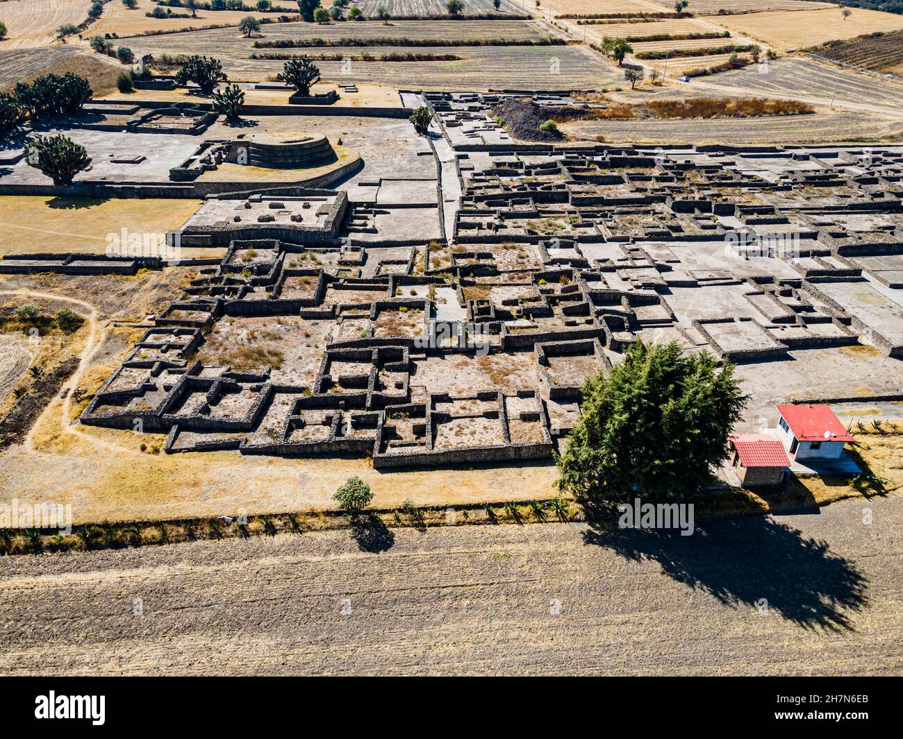 Aerial of the Mesoamerican archaeological site Tecoaque, Tlaxcala ...