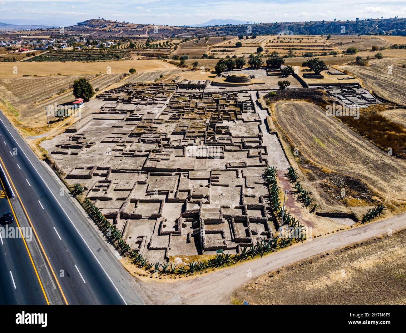 Aerial of the Mesoamerican archaeological site Tecoaque, Tlaxcala ...