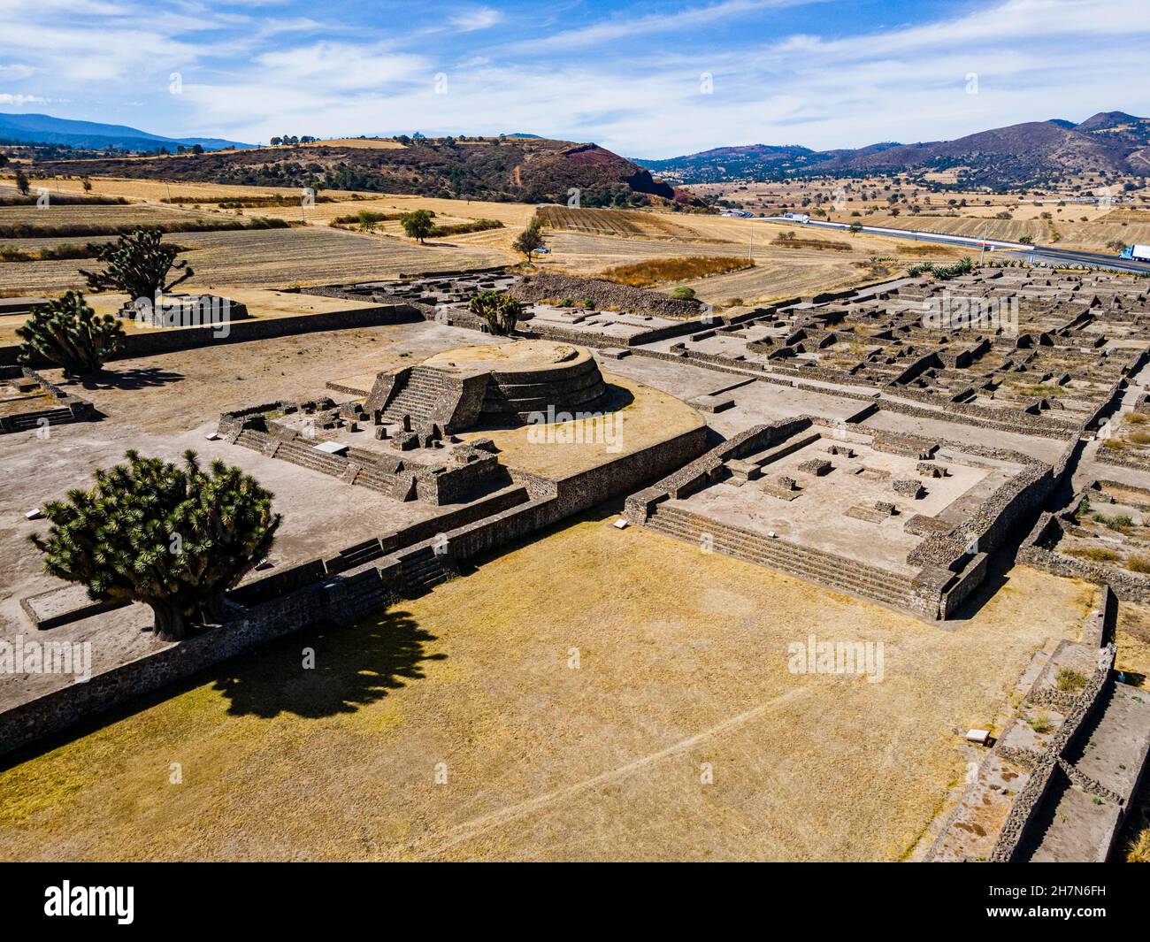 Aerial of the Mesoamerican archaeological site Tecoaque, Tlaxcala ...