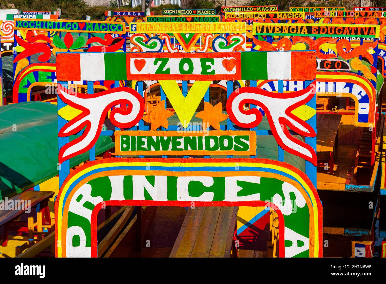 Colourful boats on the aztec canal system, Unesco site Xochimilco ...