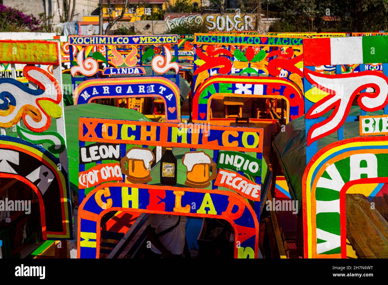 Colourful boats on the aztec canal system, Unesco site Xochimilco ...