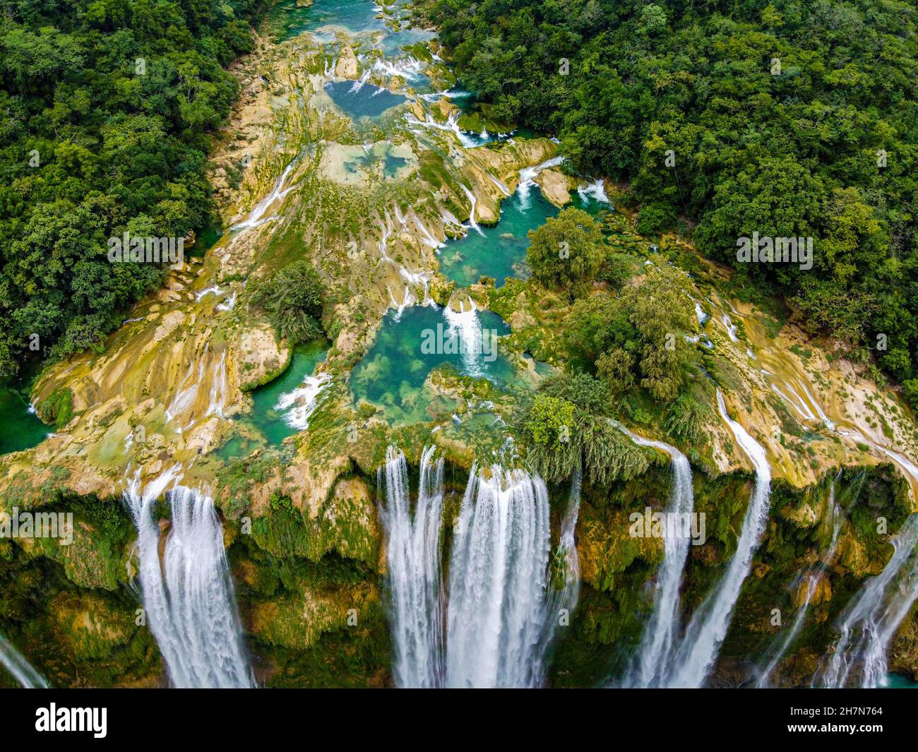 Aerial of the Tamul waterfalls, Huasteca Potosi, San Luis Potosi ...