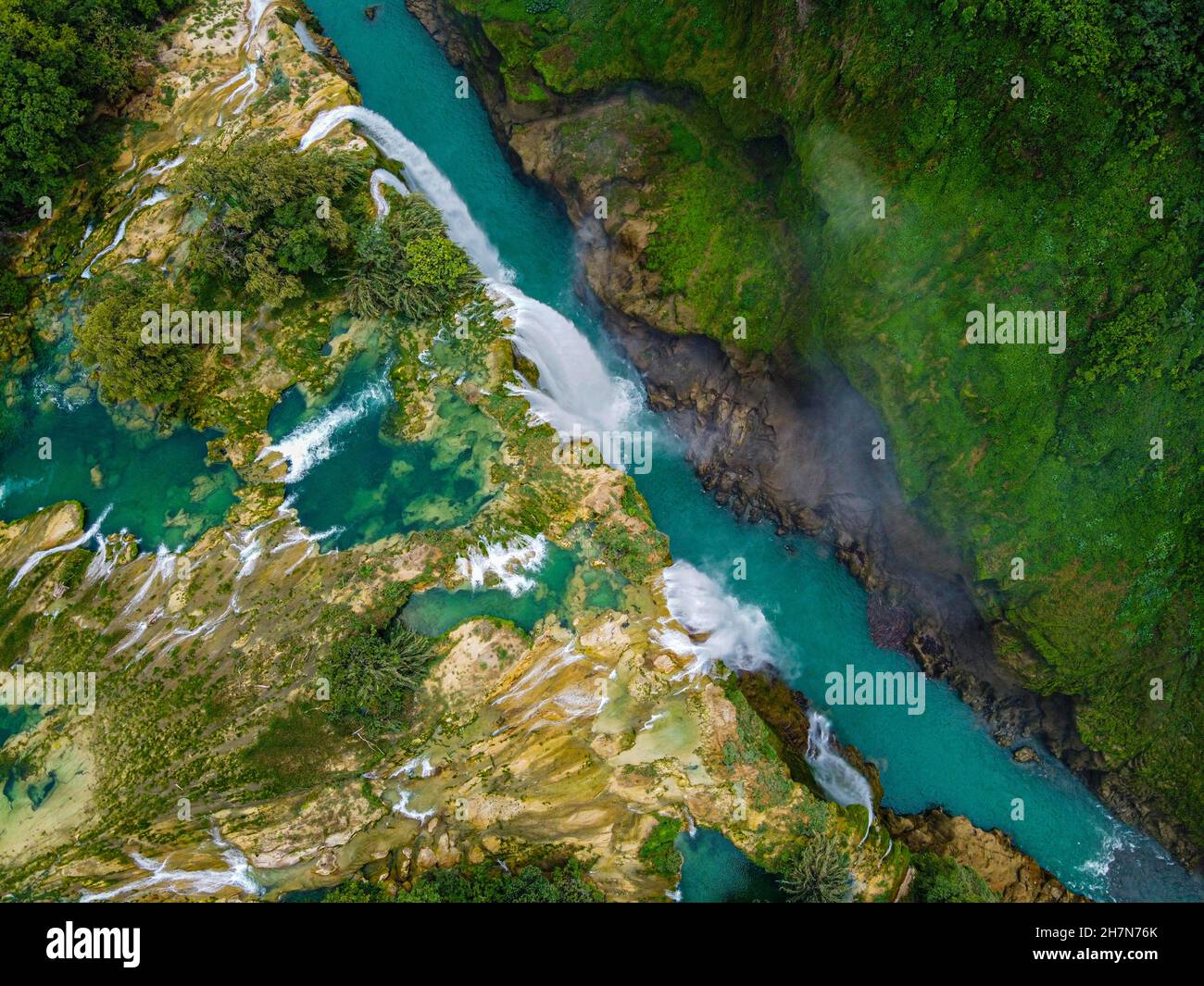 Aerial of the Tamul waterfalls, Huasteca Potosi, San Luis Potosi ...