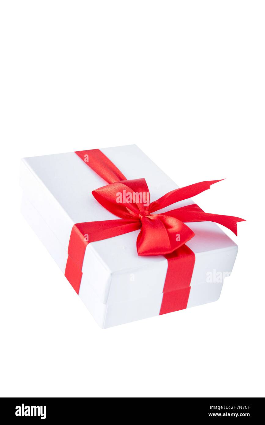 White gift box with red ribbon isolated over white background Stock ...