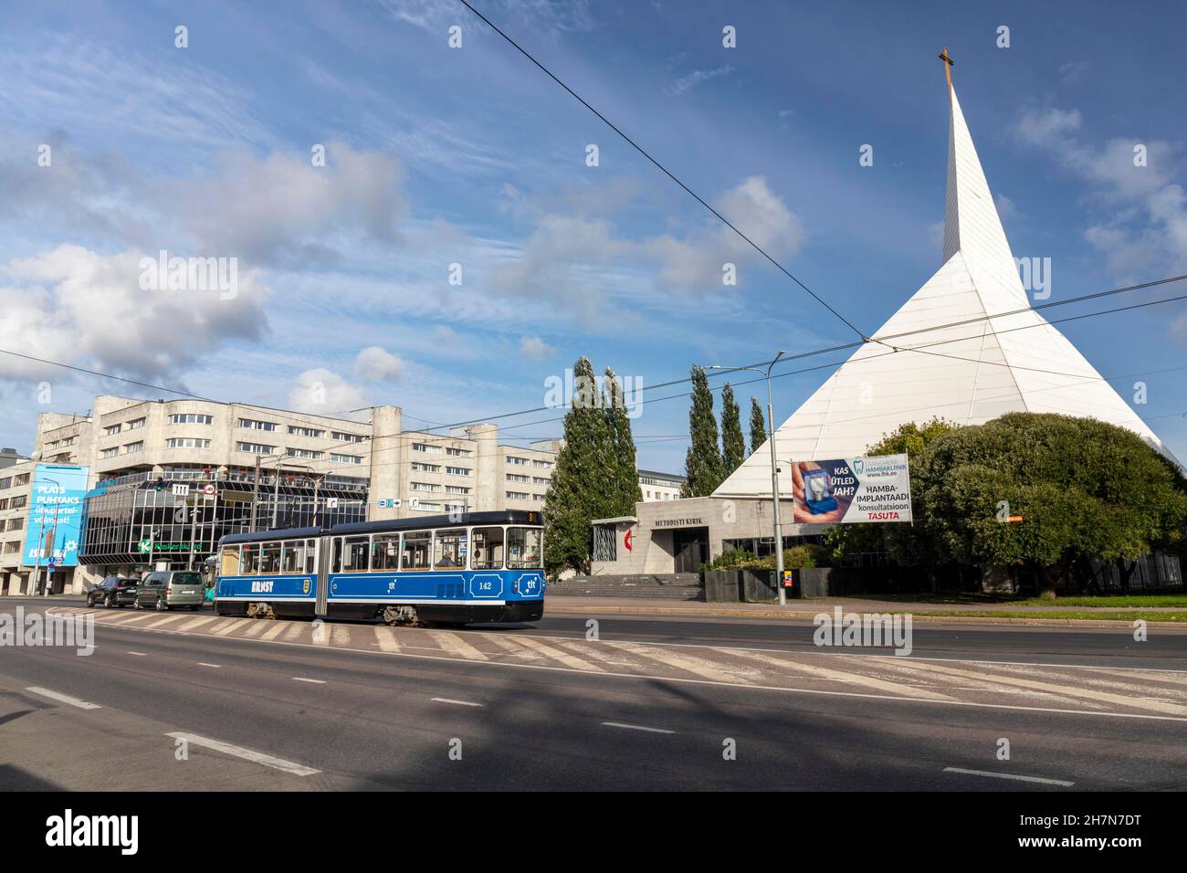 Historic tram in the inner city, behind Methodist Church, Tallinn ...