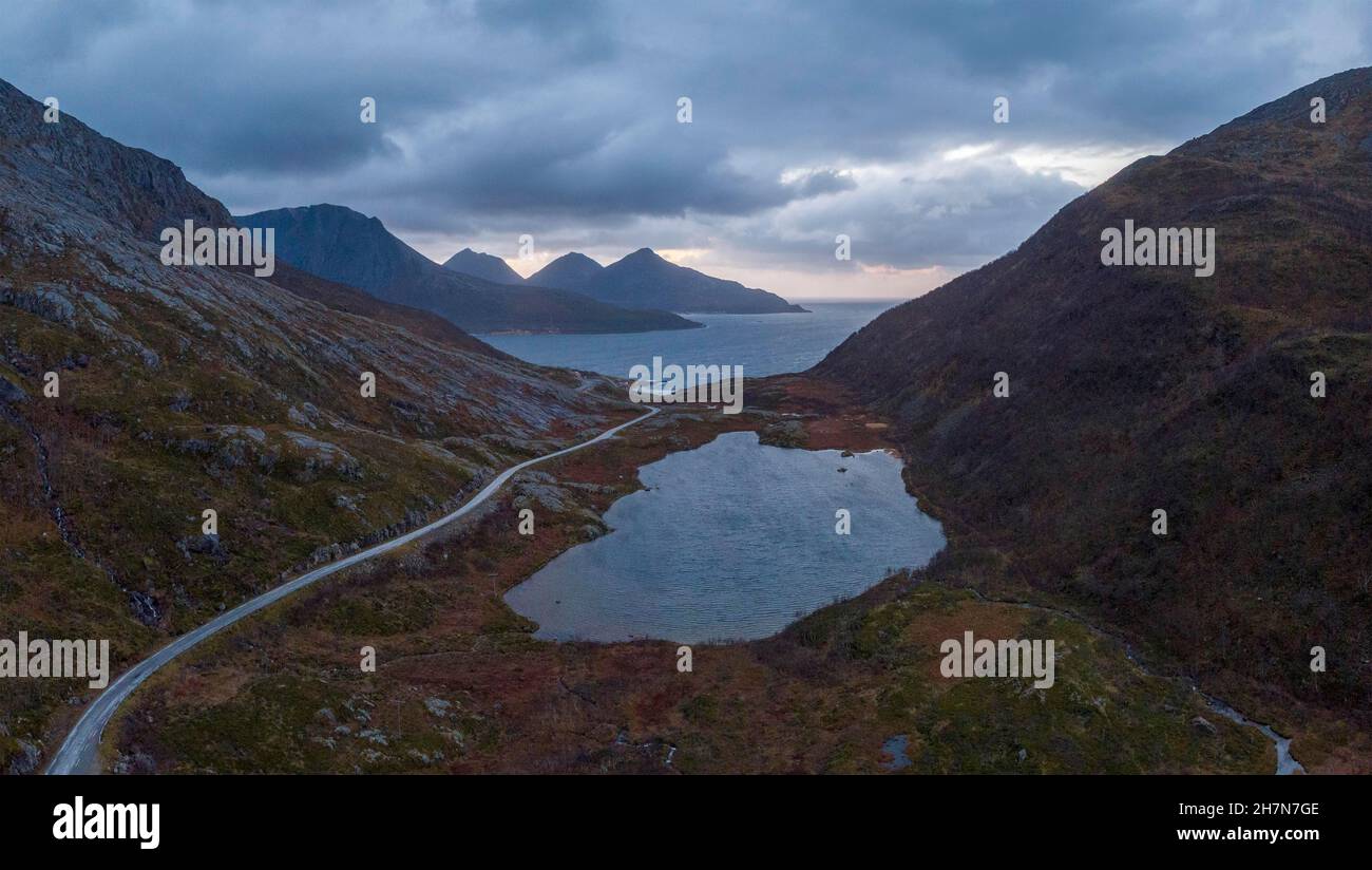 View over Litlevatnet lake to Grotfjord, aerial view, Norway Stock ...