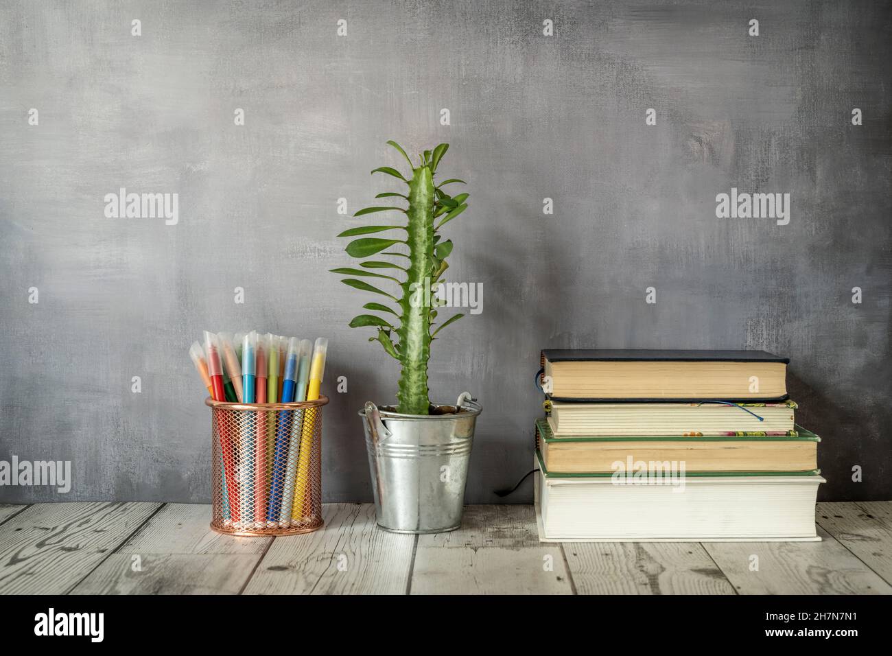 still life of the reader with bucket of markers, books and a young ...