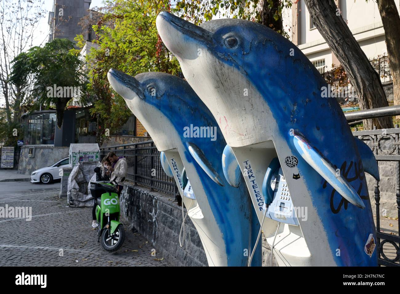 TURKEY, Istanbul, Karaköy, funny telephone booth in dolphin style ...