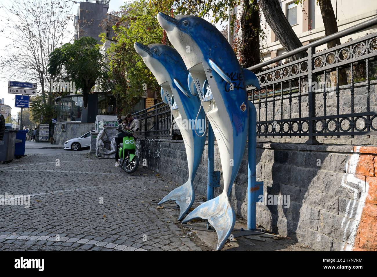 TURKEY, Istanbul, Karaköy, funny telephone booth in dolphin style ...