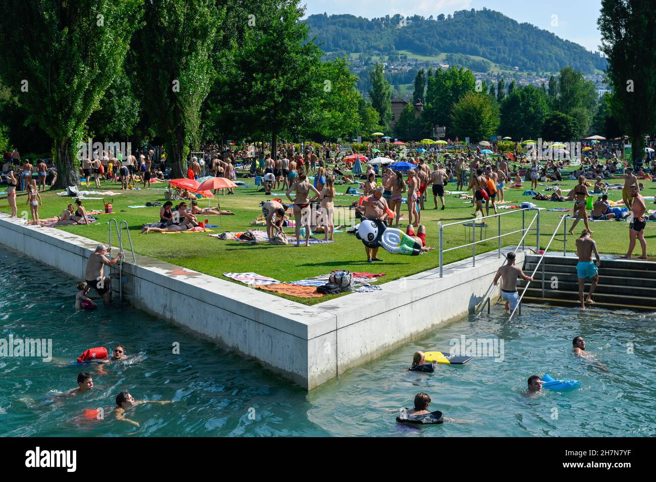 Marzili open-air swimming pool with bathers, Bern, Switzerland Stock ...