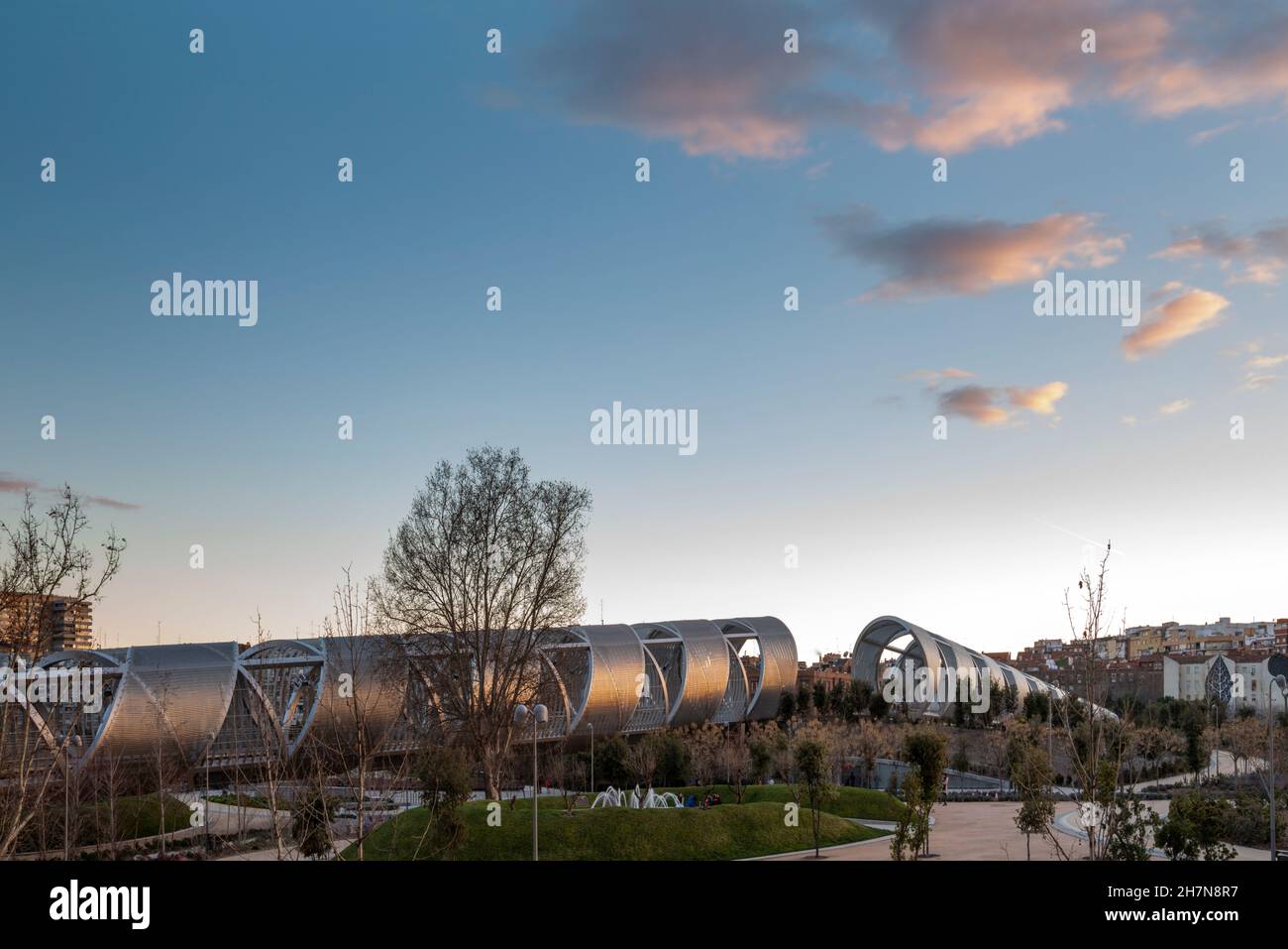 Modern footbridge over the Manzanares river in Madrid in the 30th ...