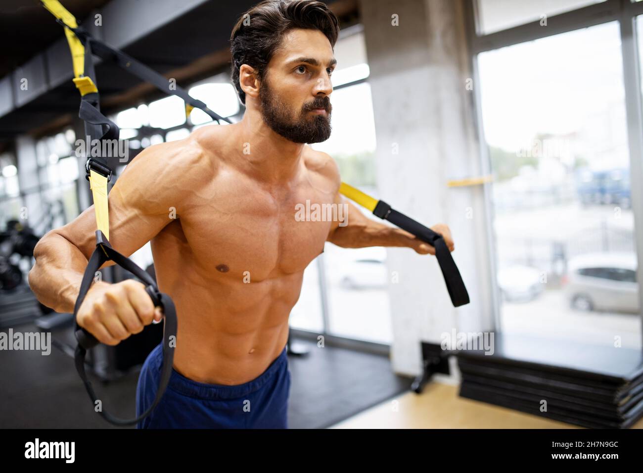 Portrait of fit man working out in gym. Sport people healthy lifestyle ...