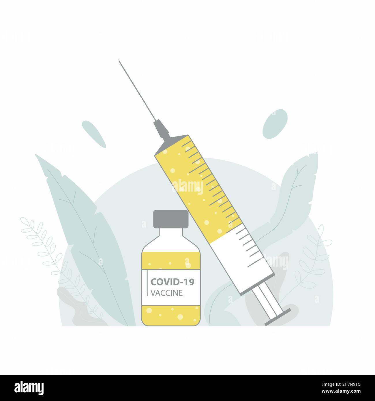 Vaccine vial and syringe. Rear background with leaves. The color of the ...