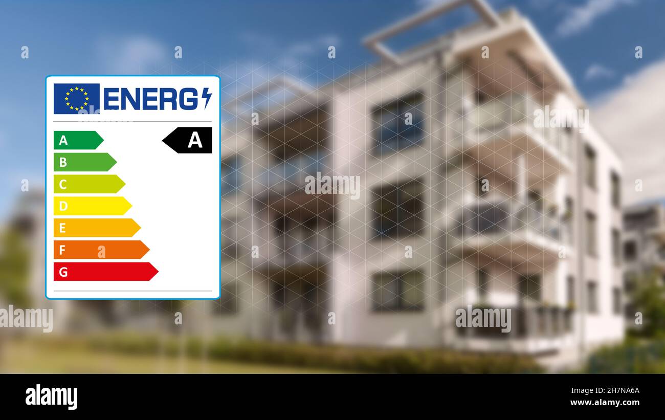 EU energy label graphic in front of apartment building as an efficiency ...