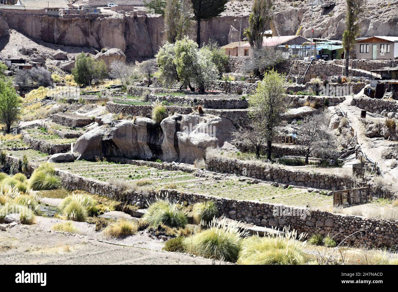 Closeup of old buildings and rocky structures in the Atacama Desert ...