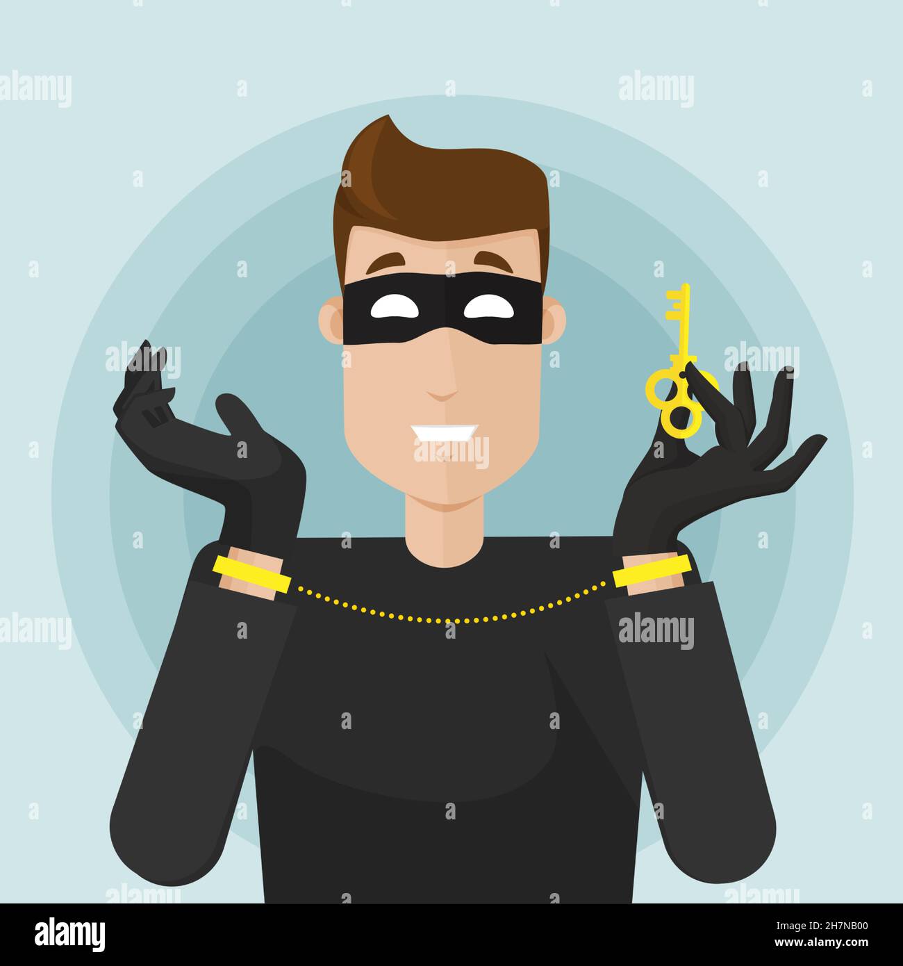 The masked thief is arrested. The thief has handcuffs, chains on his ...