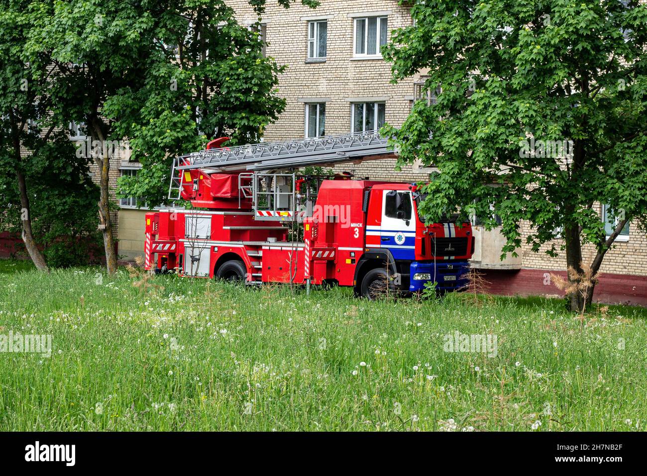 MINSK, BELARUS - MAY 26, 2019: Big red fire engine car with ...