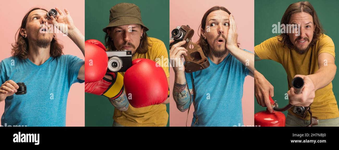 Collage of portraits of young man, photographer, cameraman with camera ...