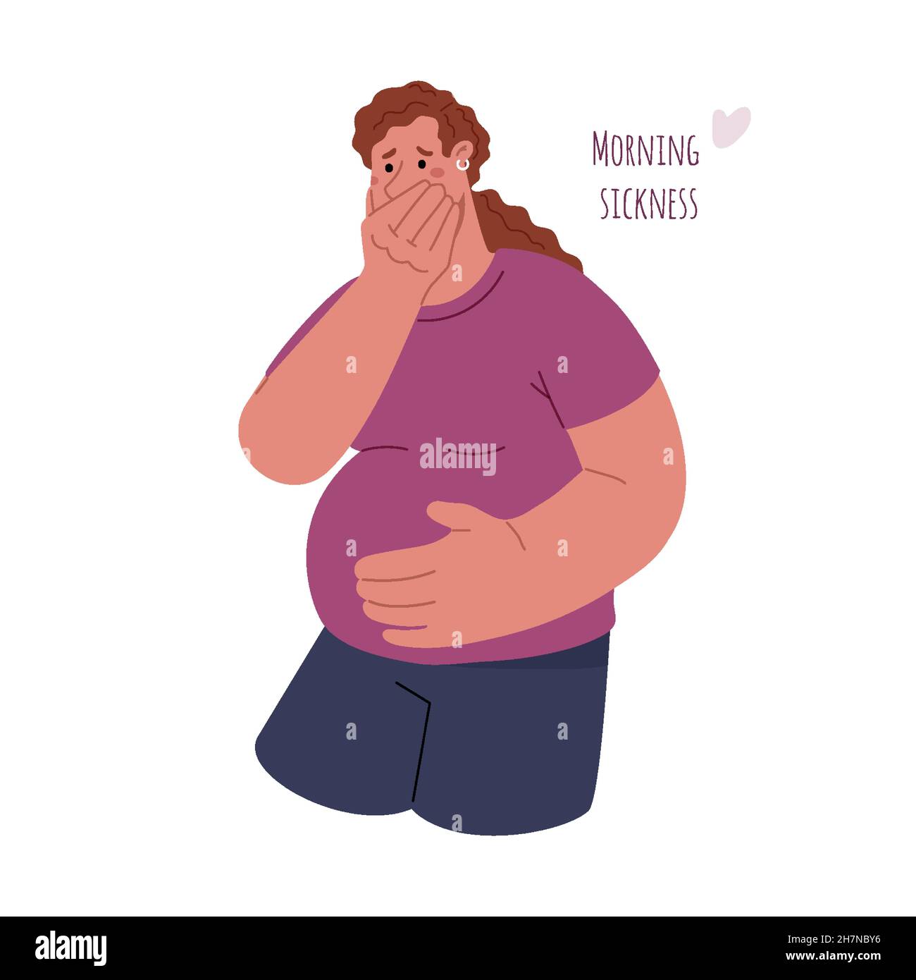 Suffering from morning sickness, the pregnant girl covers her mouth ...