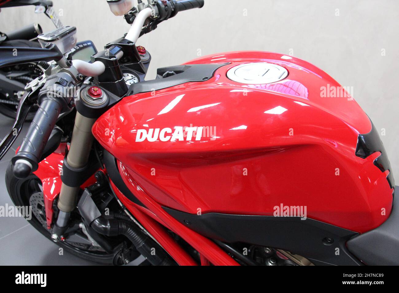 Ducati Streetfighter 848 motorcycle: View of the fuel tank, in a ...