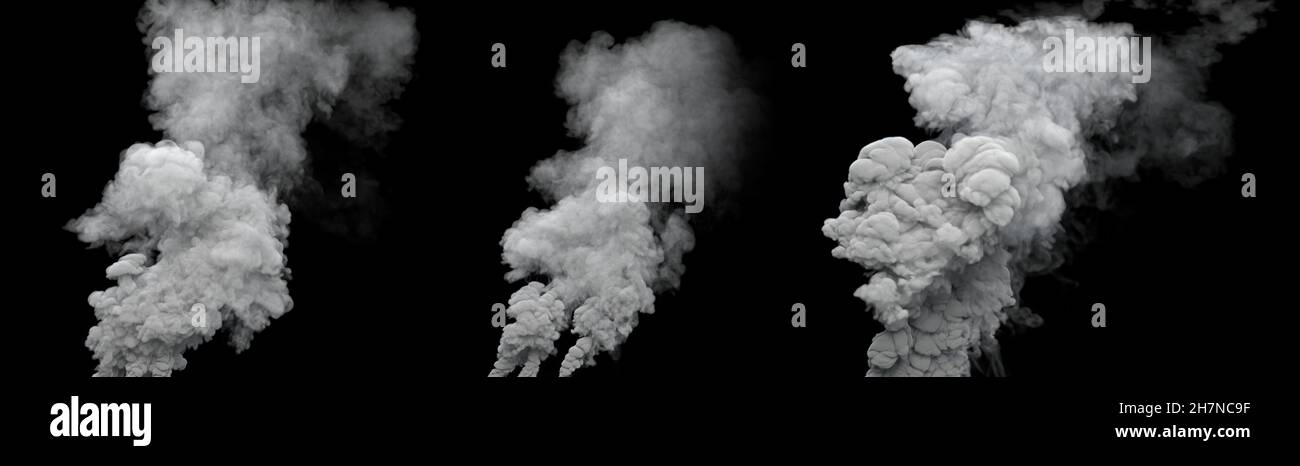 3 white pollute smoke columns from fuel oil power plant on black ...