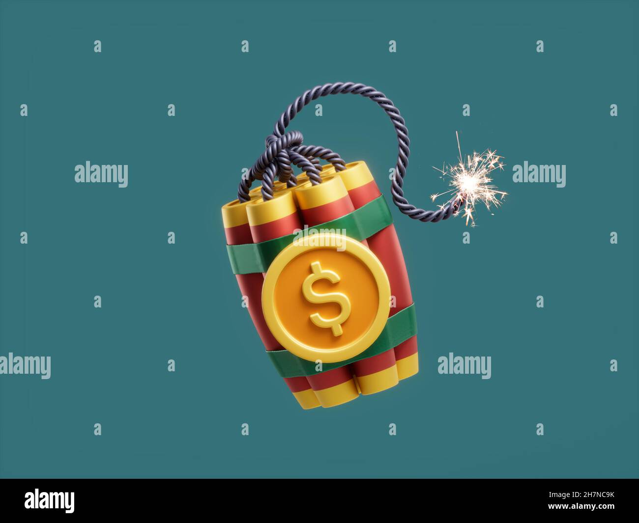 3D illustration of a dynamite bomb with coin cryptocurrency on a blue ...