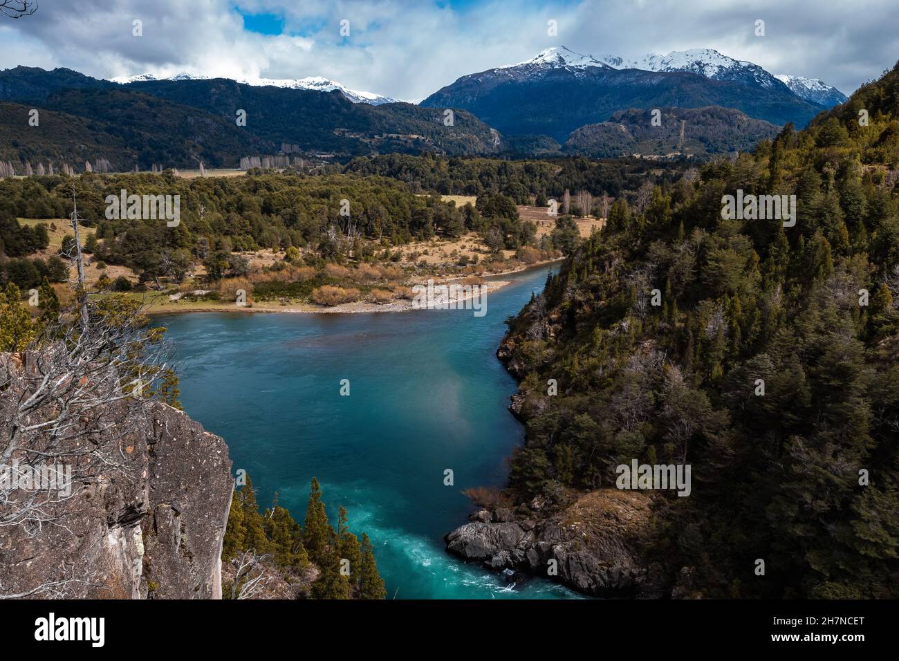 Aerial view of the lagoon of the Futaleufu river going through the ...