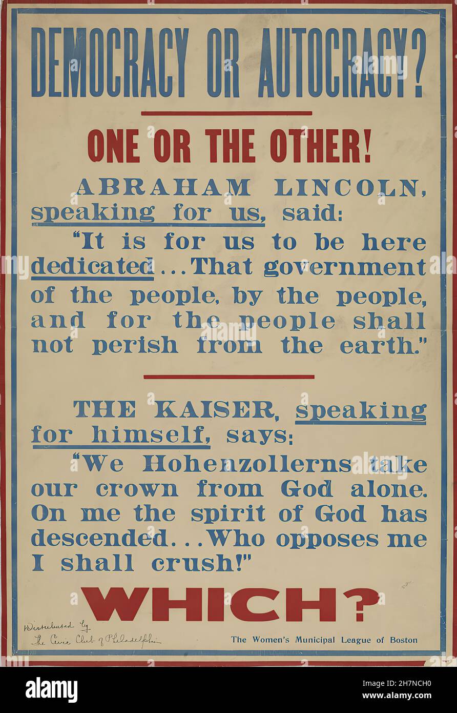 Democracy Or Autocracy - World War One U.S.A Propaganda Poster Stock ...