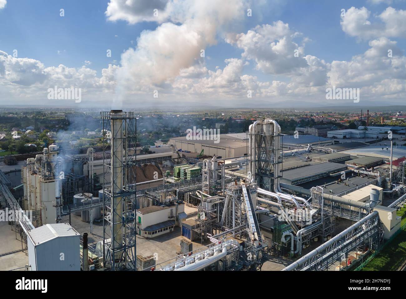 Aerial view of factory with high plant manufacture structure. Global ...