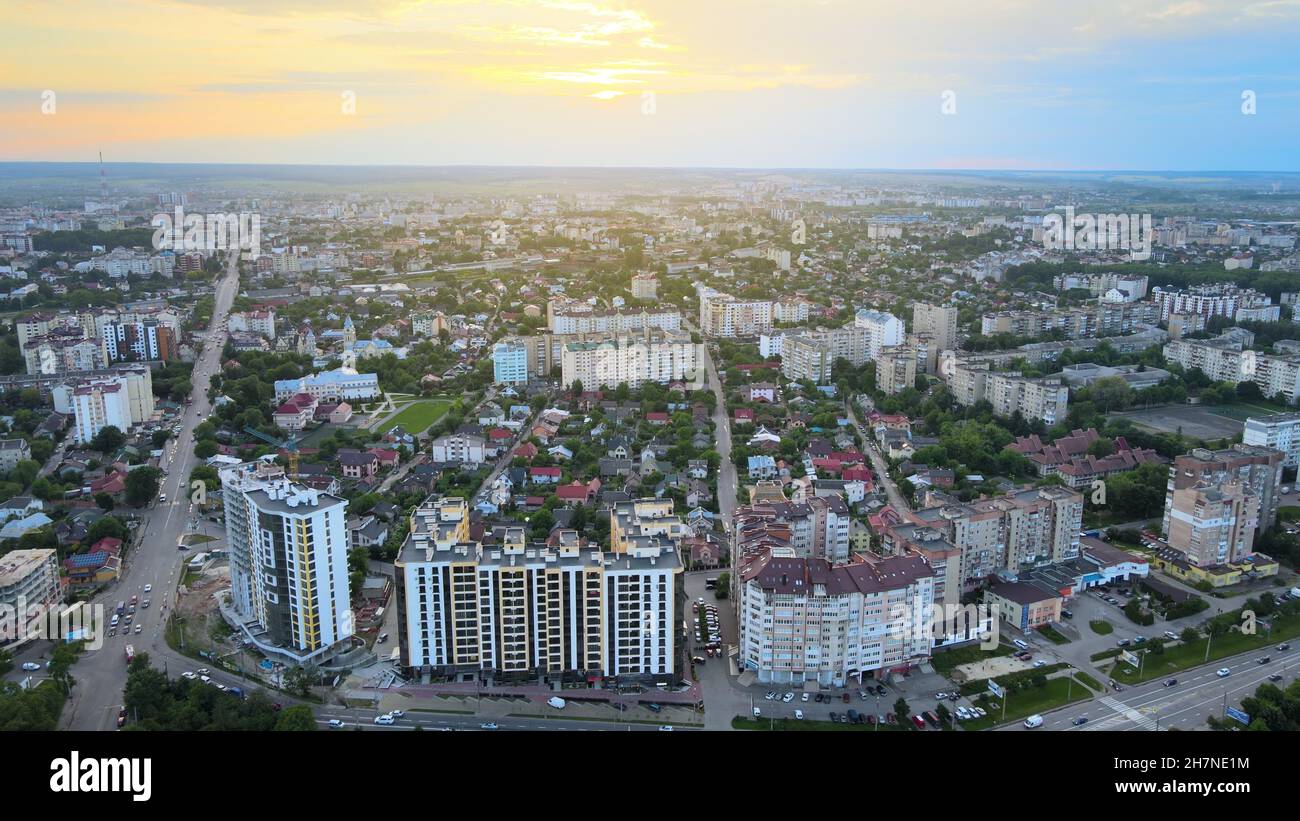 Aerial view of high rise apartment buildings, private houses and ...
