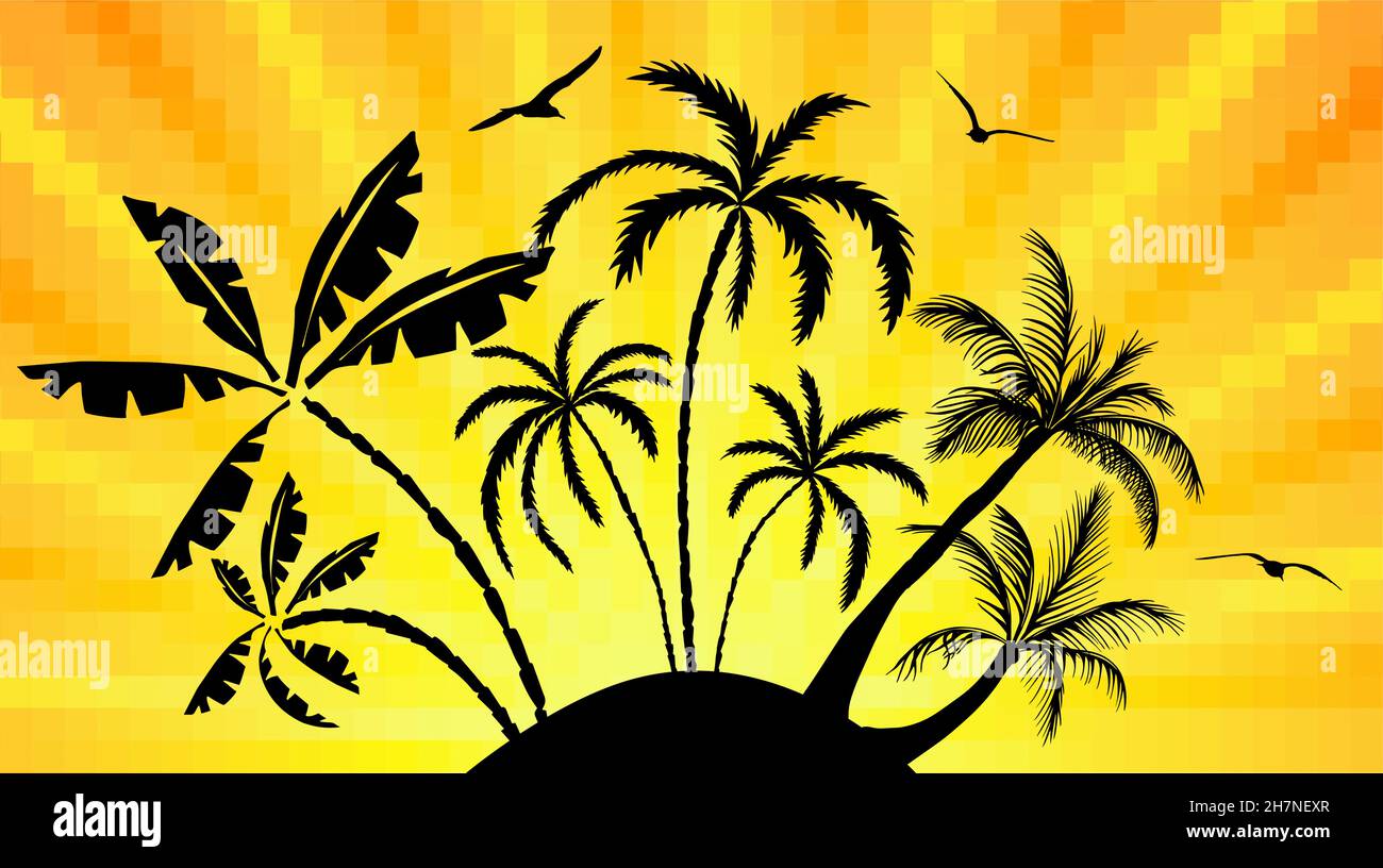 A radiant backdrop with palm trees and seagulls. Vector illustration ...