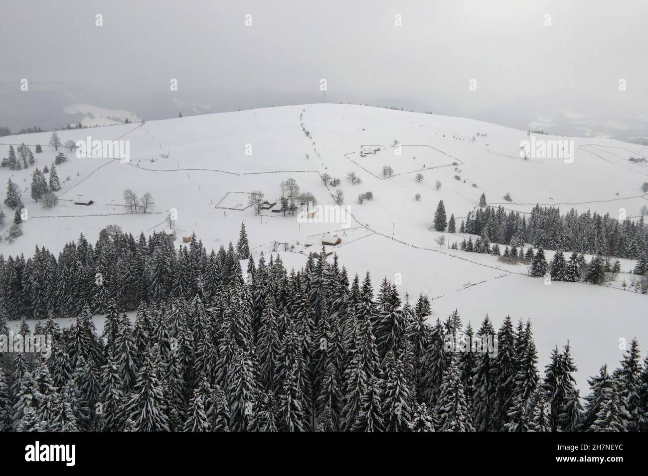 Aerial winter landscape with small rural houses between snow covered ...