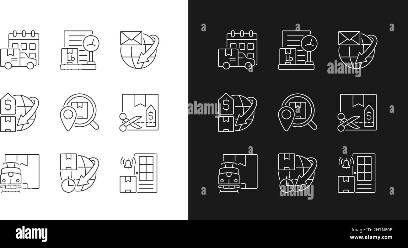 International shipment service rules linear icons set for dark and ...