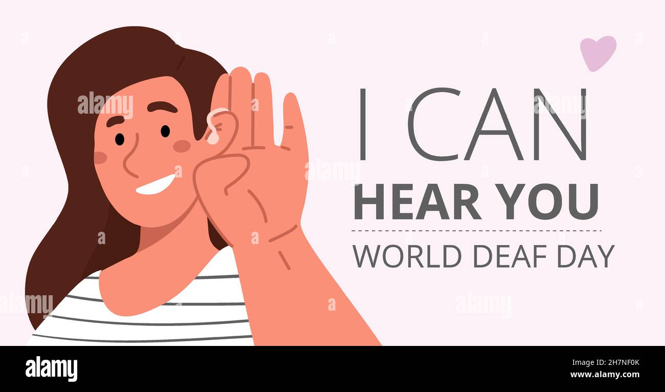 World deaf day.Young girl smiles and holds her hand near her ear with ...