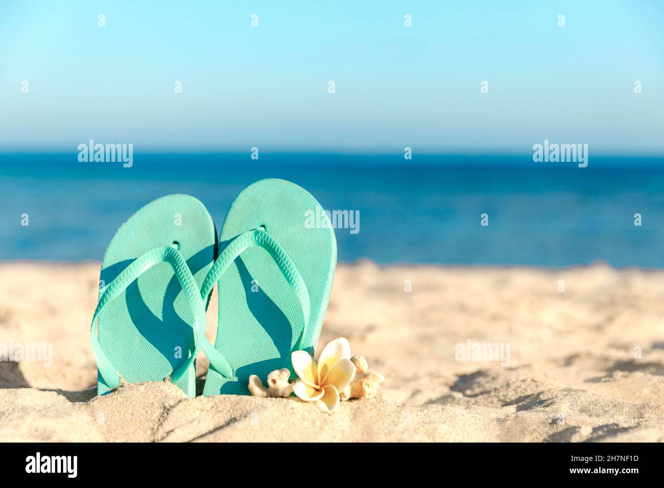 Flip flops stuck in the sand on a sandy beach by the sea or ocean Stock ...