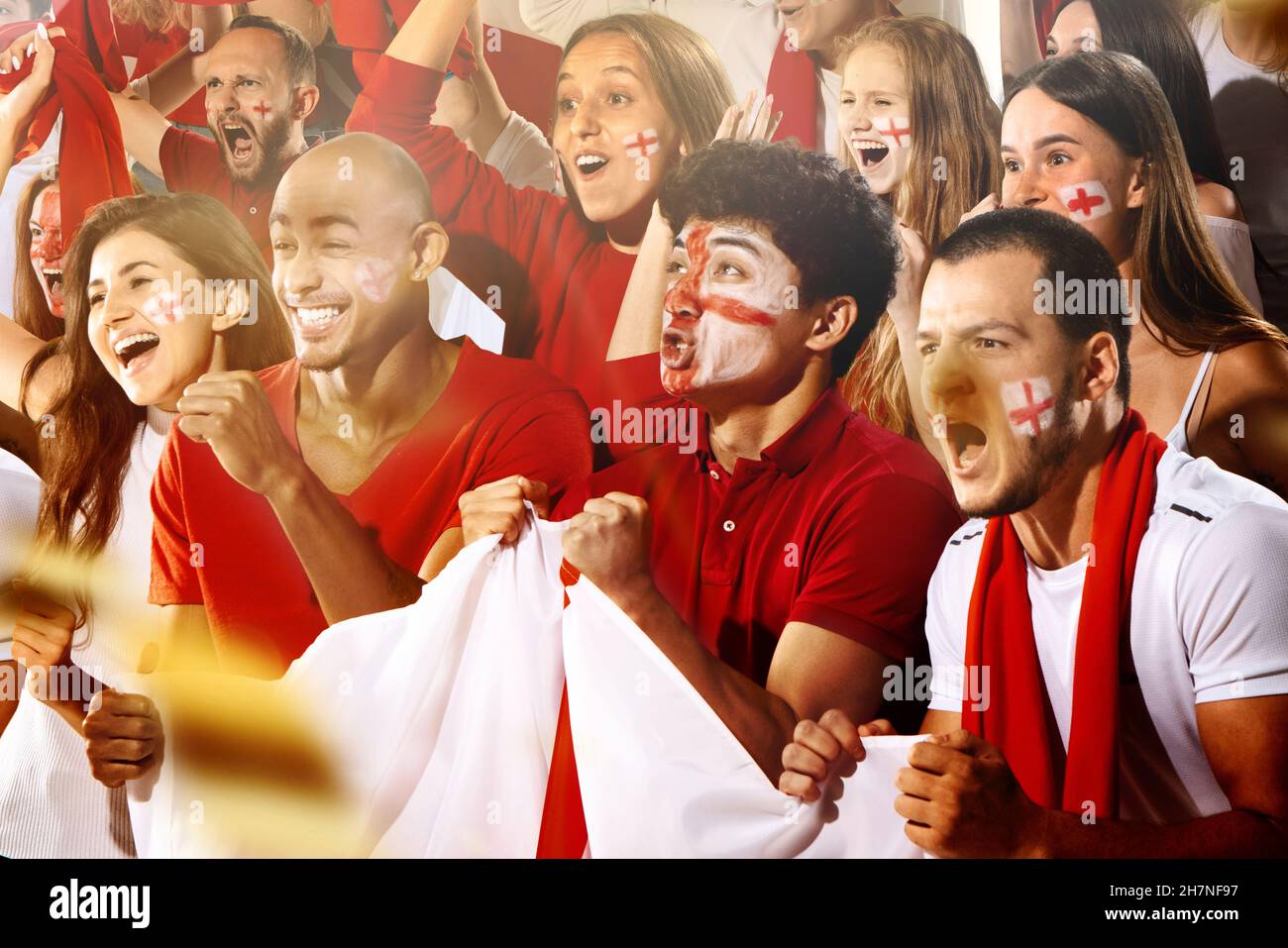 Collage with excited English football, soccer fans cheering their team ...