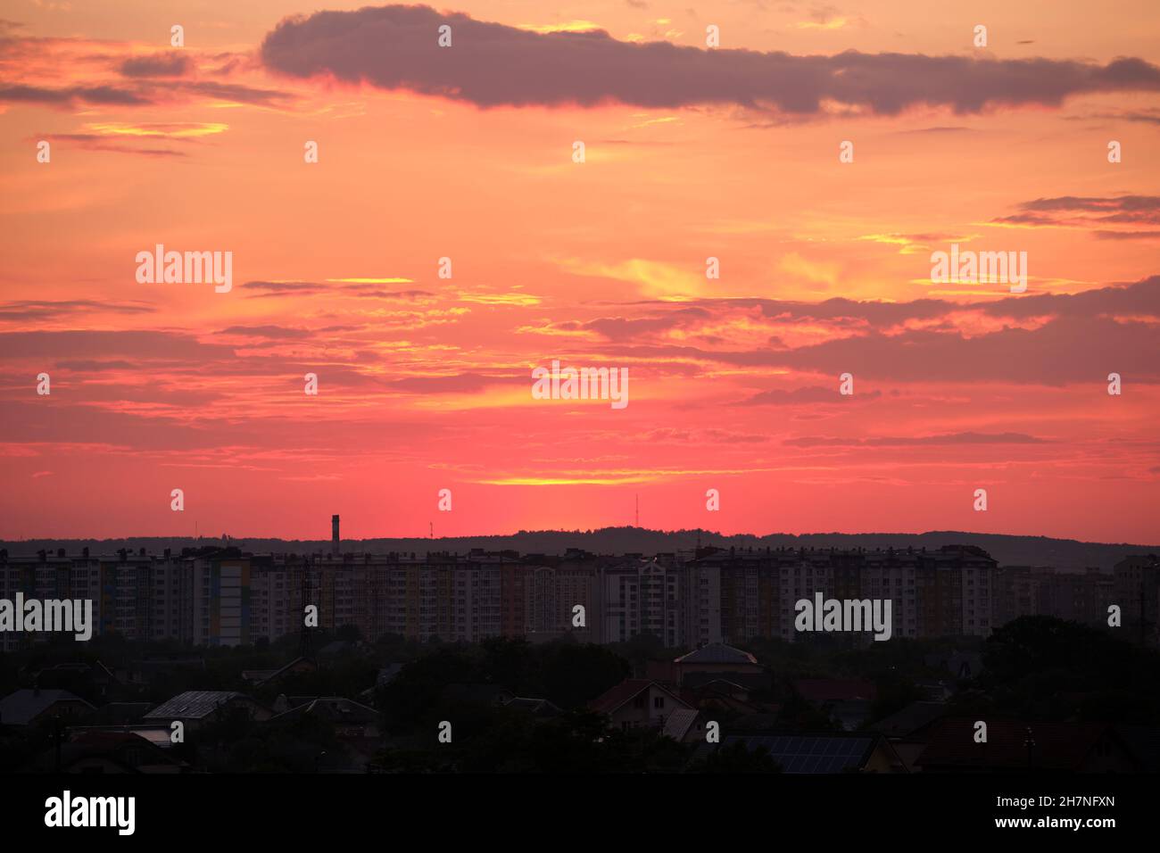 Colorful evening landscape with soft pastel coloured cloudscape over ...