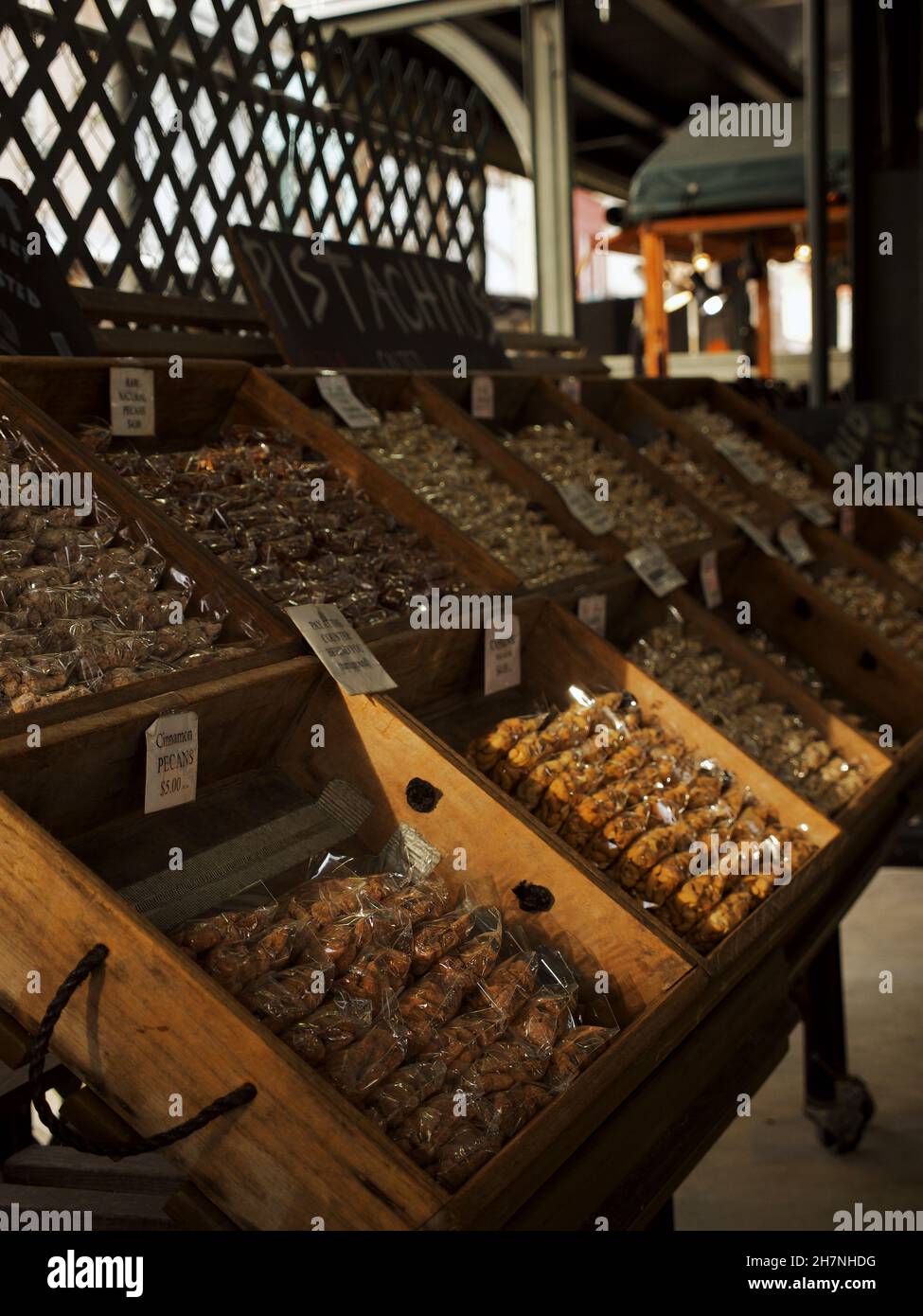 Vertical shot of the French Market nut stall in New Orleans, USA Stock ...