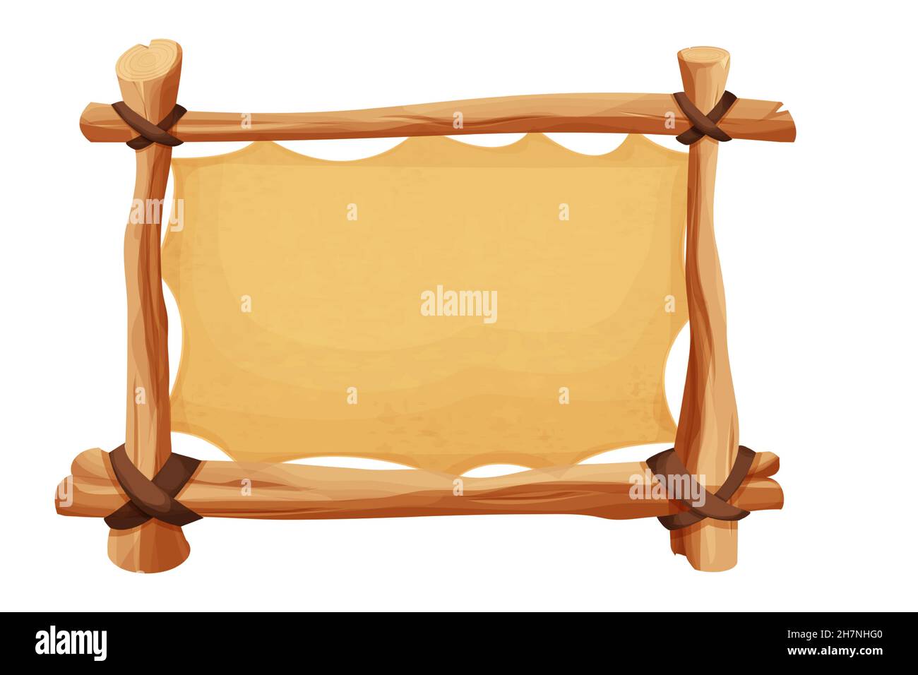 Frame from wood branch, sticks, old paper and leather rope in comic ...