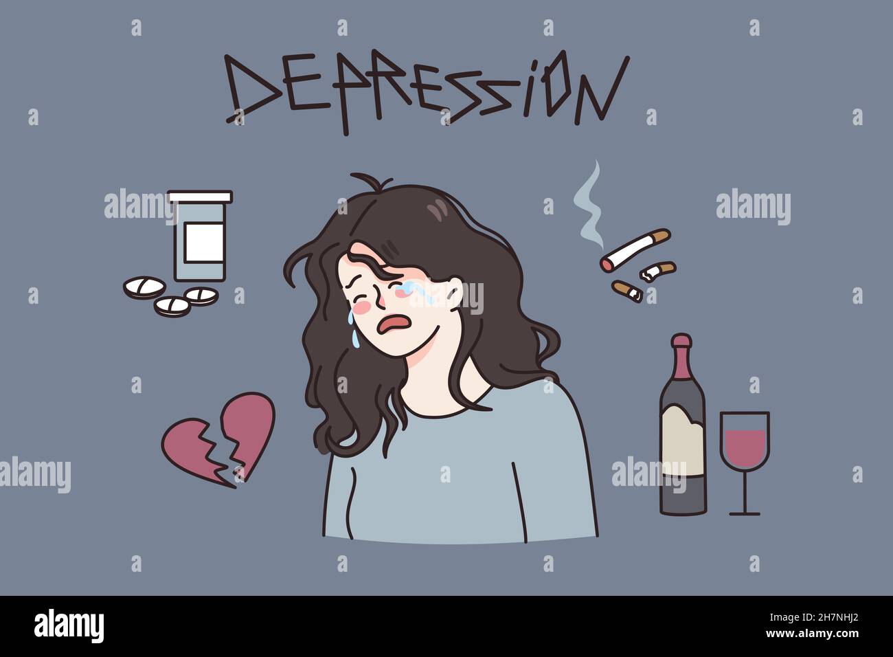 Depression and health addictions concept. Young depressed woman with ...